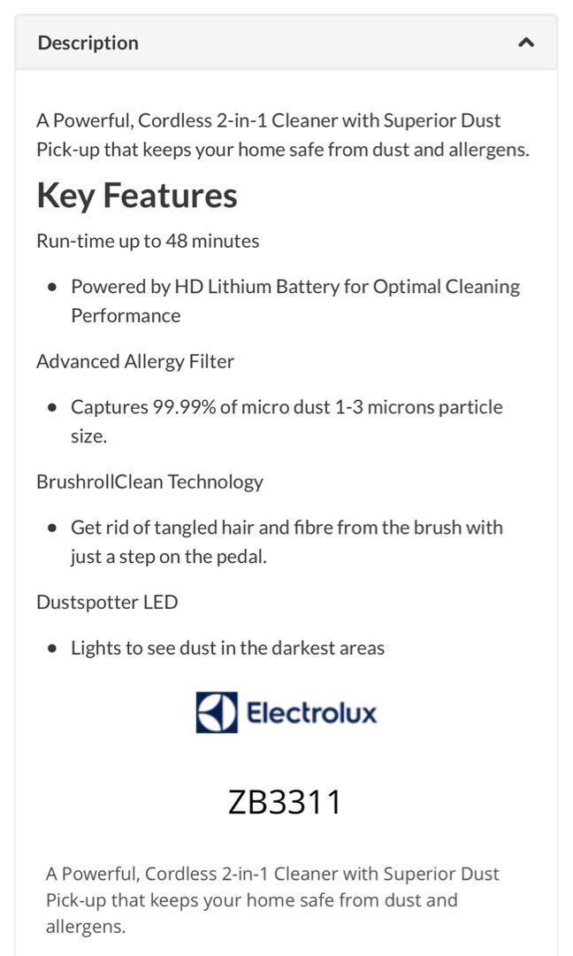 Electrolux ZB3311 Stick Vacuum Cleaner, TV & Home Appliances, Vacuum ...