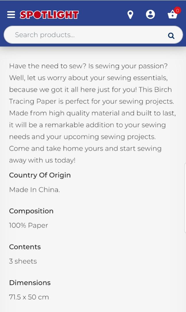 BIRCH dressmaking pattern tracing paper, Hobbies & Toys, Stationery ...