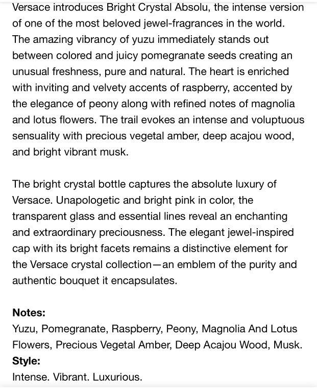 Versace Absolut Bright Crystal Eau de Parfum 90ml, Beauty & Personal ...