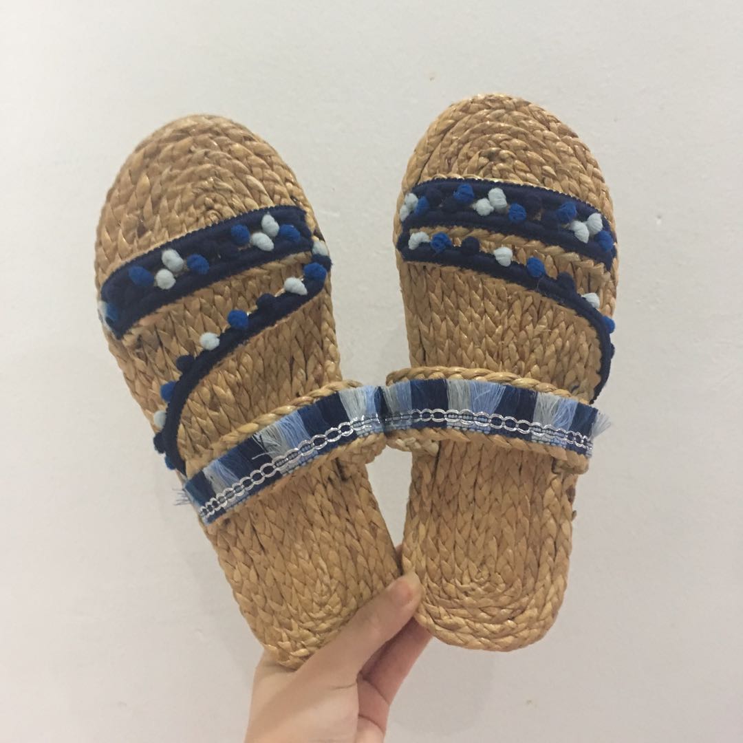 Handmade Ratan Pompom Beach Sandal, Women's Fashion, Footwear, Sandals ...