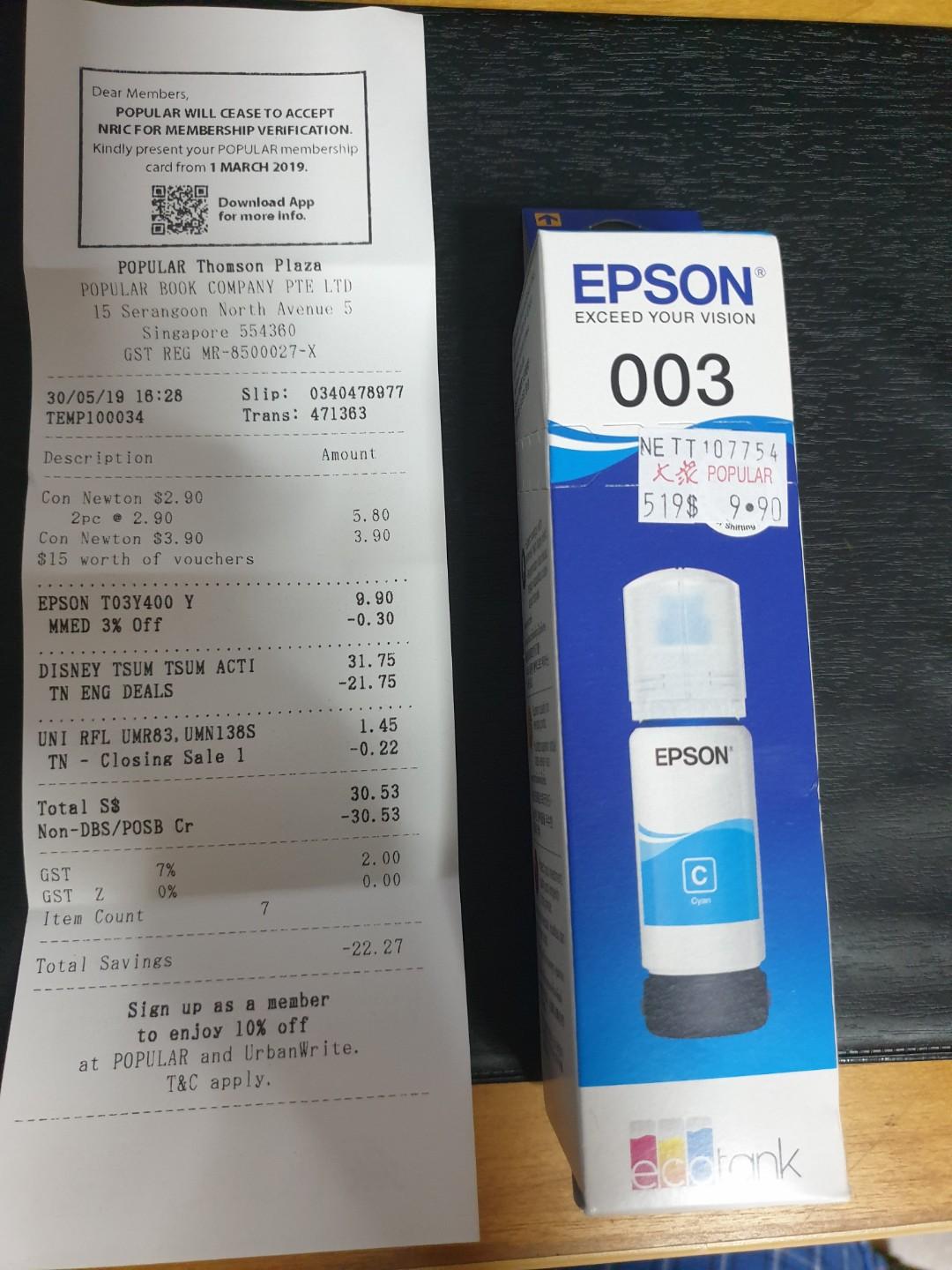 Epson 003 Cyan Printer Ink, Computers & Tech, Printers, Scanners ...