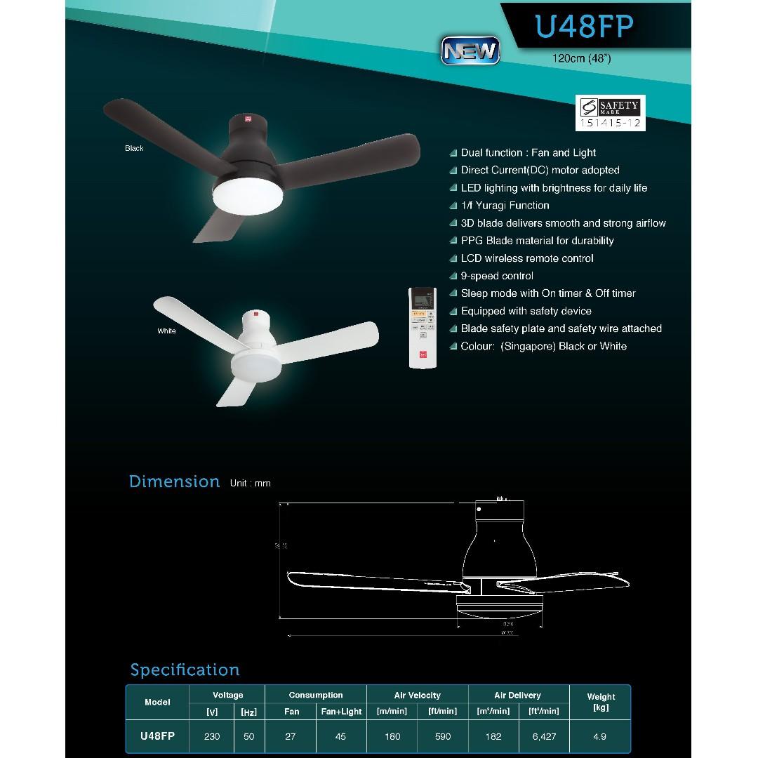 KDK 48" U48FP DC CEILING FAN WITH LIGHT & REMOTE, Furniture & Home ...