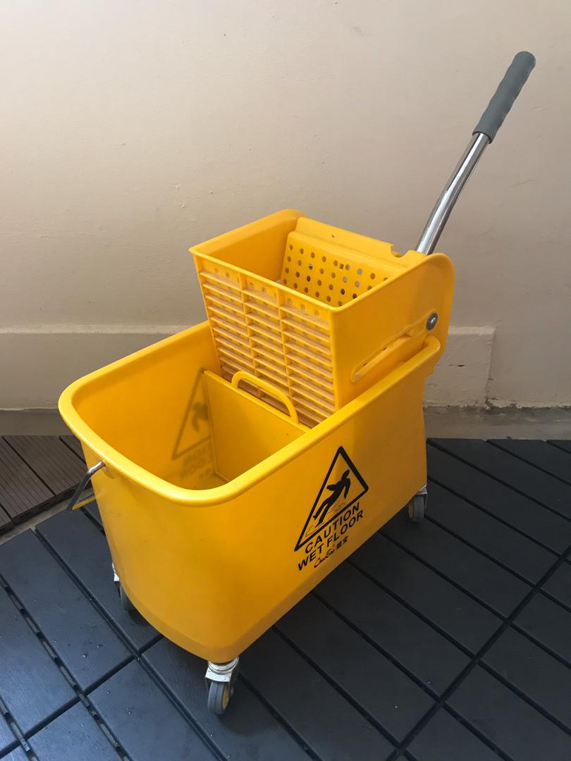 Tandem Mop Bucket & Caution Sign, Home Services, Home Cleaning on Carousell