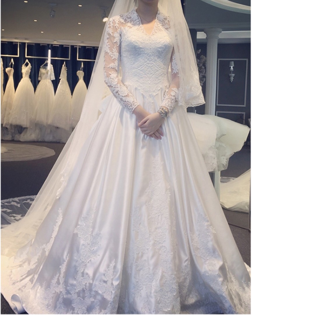 Wedding Collection - Royal Katie Queen Long Detailed Embroidered Lace Sleeves Long Tail Wedding ...