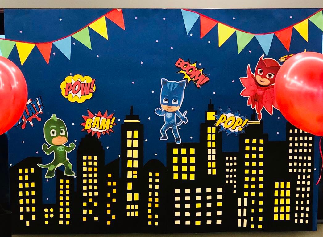 Pj mask party decoration stuff includes backdrop, head quater and pj ...