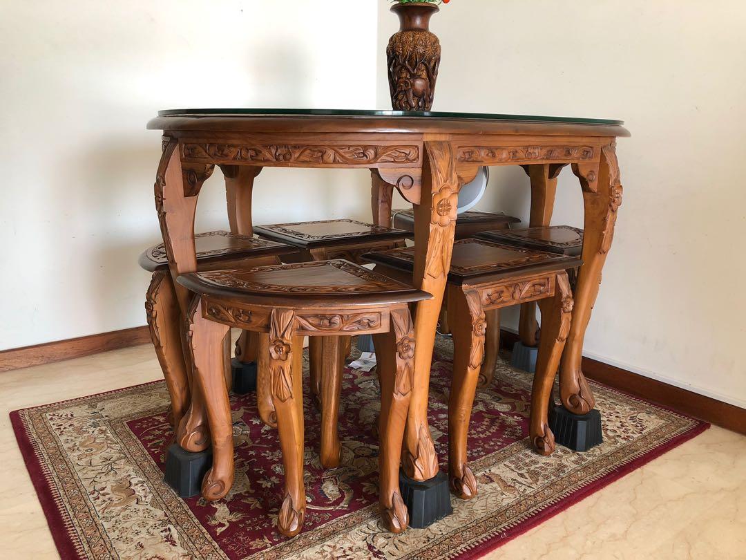 Preloved teak caves table with glass TOP and matched stools, Furniture ...