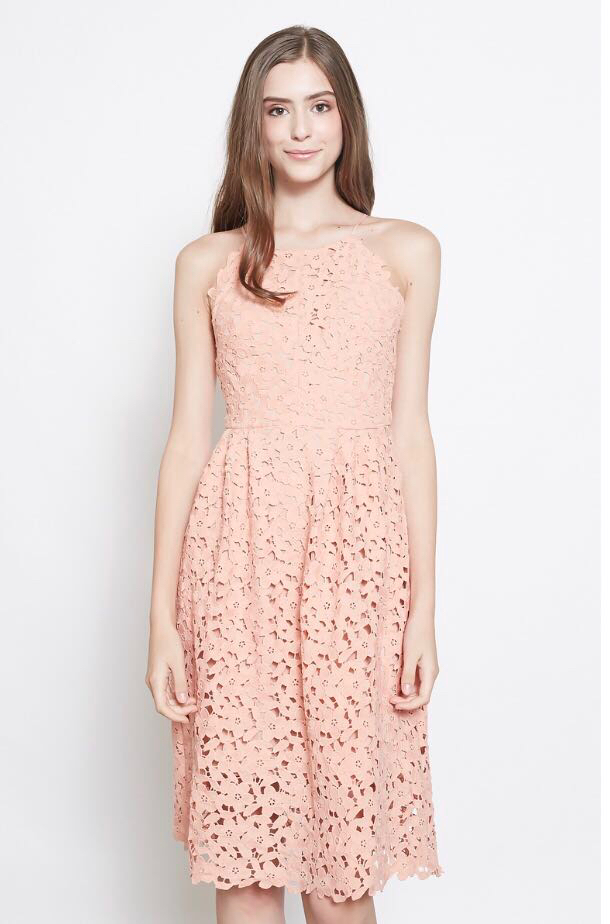 Danique Crochet Lace Dress in Peach, INTQ Label, Women's Fashion, Tops ...