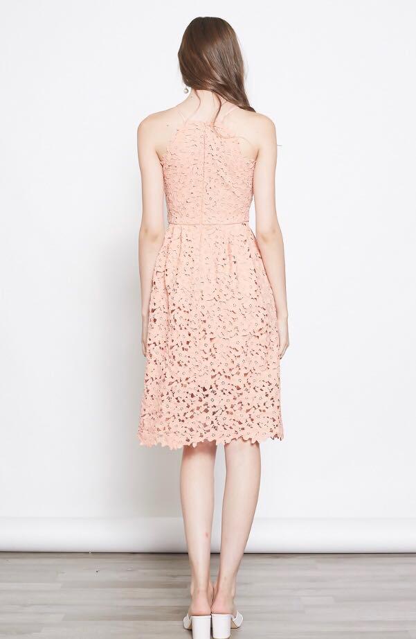 Danique Crochet Lace Dress in Peach, INTQ Label, Women's Fashion, Tops ...