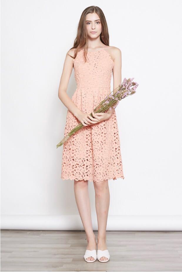 Danique Crochet Lace Dress in Peach, INTQ Label, Women's Fashion, Tops ...