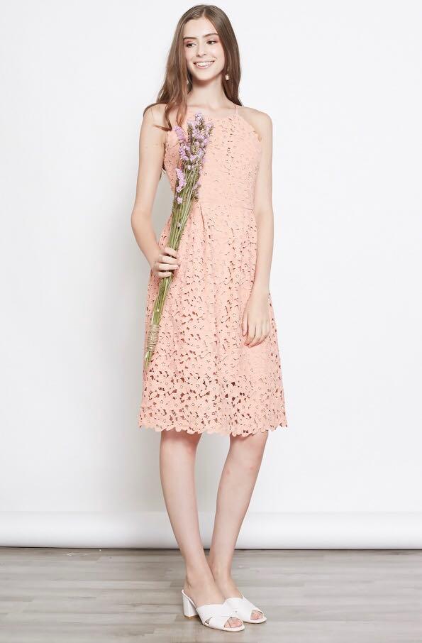 Danique Crochet Lace Dress in Peach, INTQ Label, Women's Fashion, Tops ...