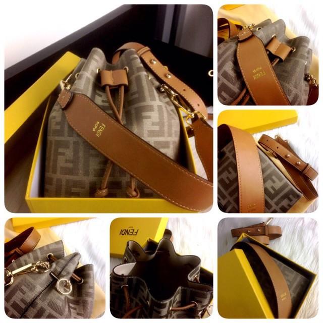 Asli import tas kulit FENDI Montresor FF Jacquard Bucket, Fesyen Wanita ...