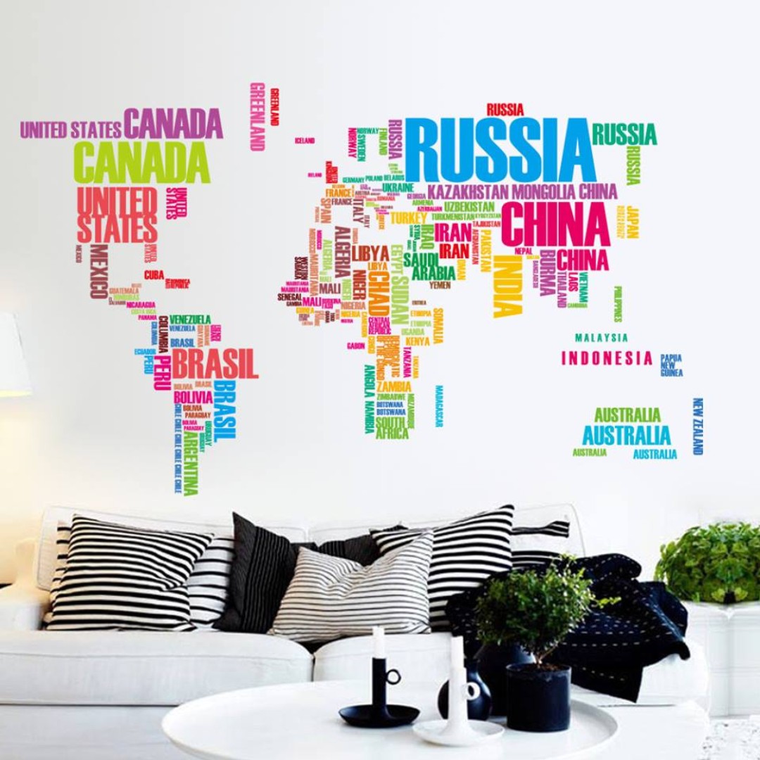 3D World Map Wording Wall Sticker(Colorful), Furniture & Home Living ...
