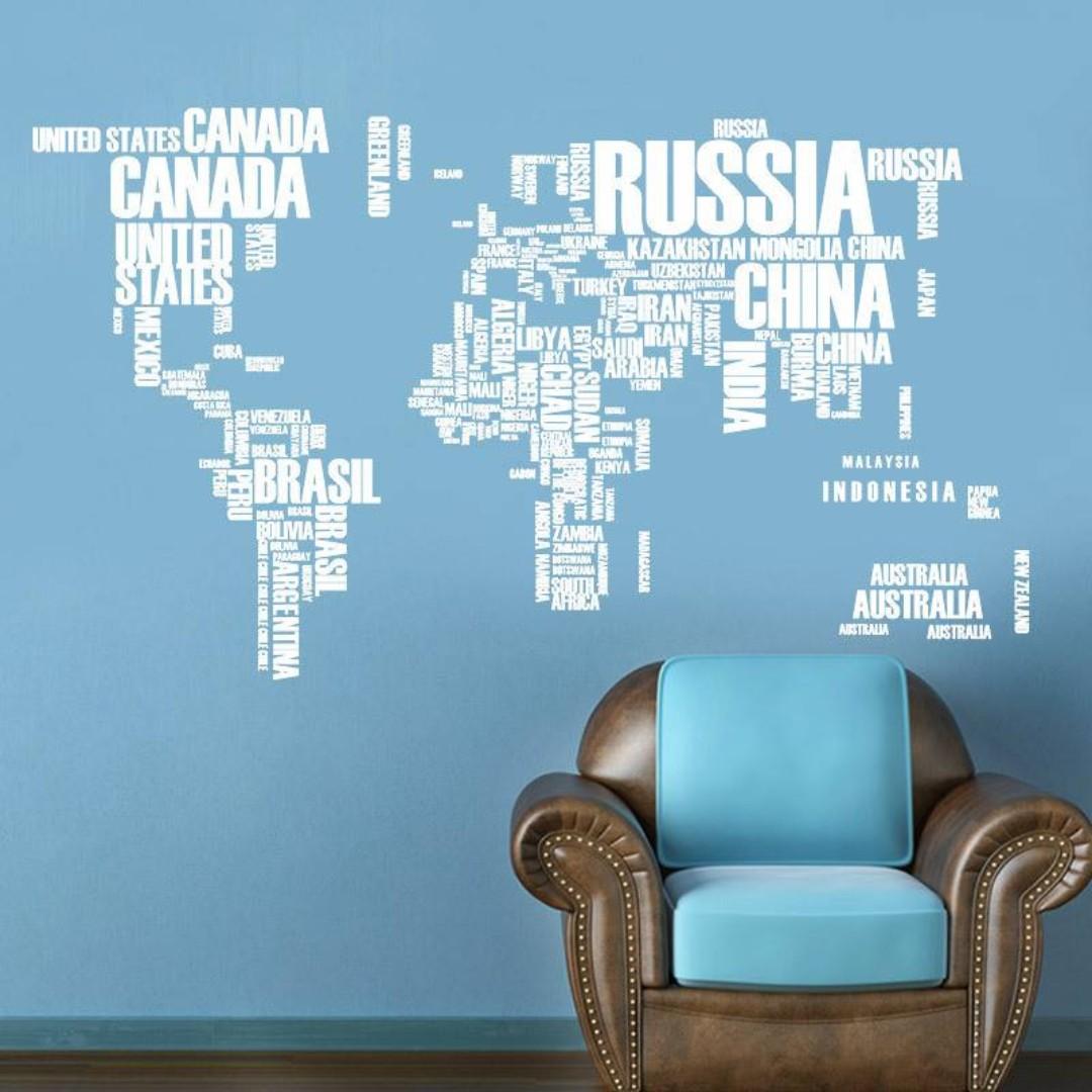 3D World Map Wording Wall Sticker(White), Furniture & Home Living, Home ...