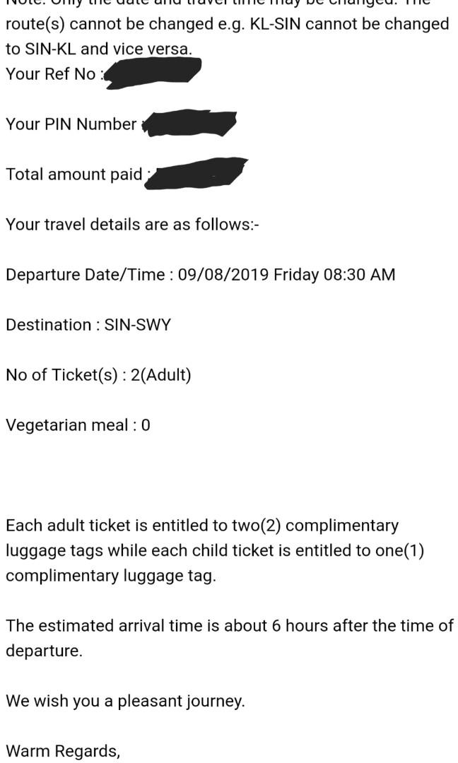Aeroline ticket [SIN-SWY] 2 pax on 9/8/19, Everything Else on Carousell