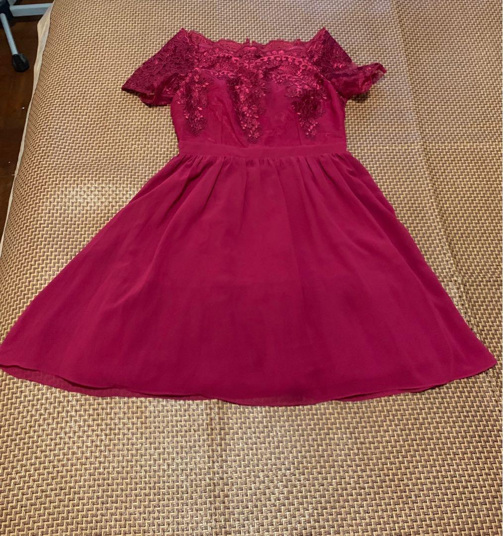 Showcase Red Berry Erin Bardot Skater Dress, Women's Fashion, Dresses ...