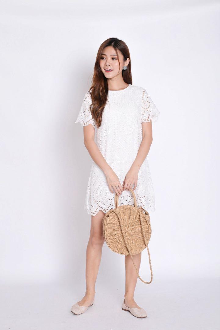 TOPAZETTE PREMIUM Sheila Eyelet Shift Dress in White, Women's Fashion ...