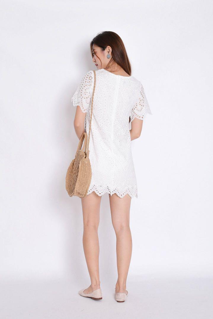 TOPAZETTE PREMIUM Sheila Eyelet Shift Dress in White, Women's Fashion ...