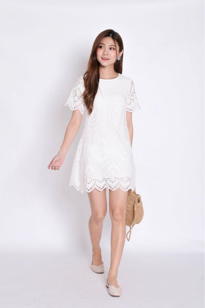 TOPAZETTE PREMIUM Sheila Eyelet Shift Dress in White, Women's Fashion ...