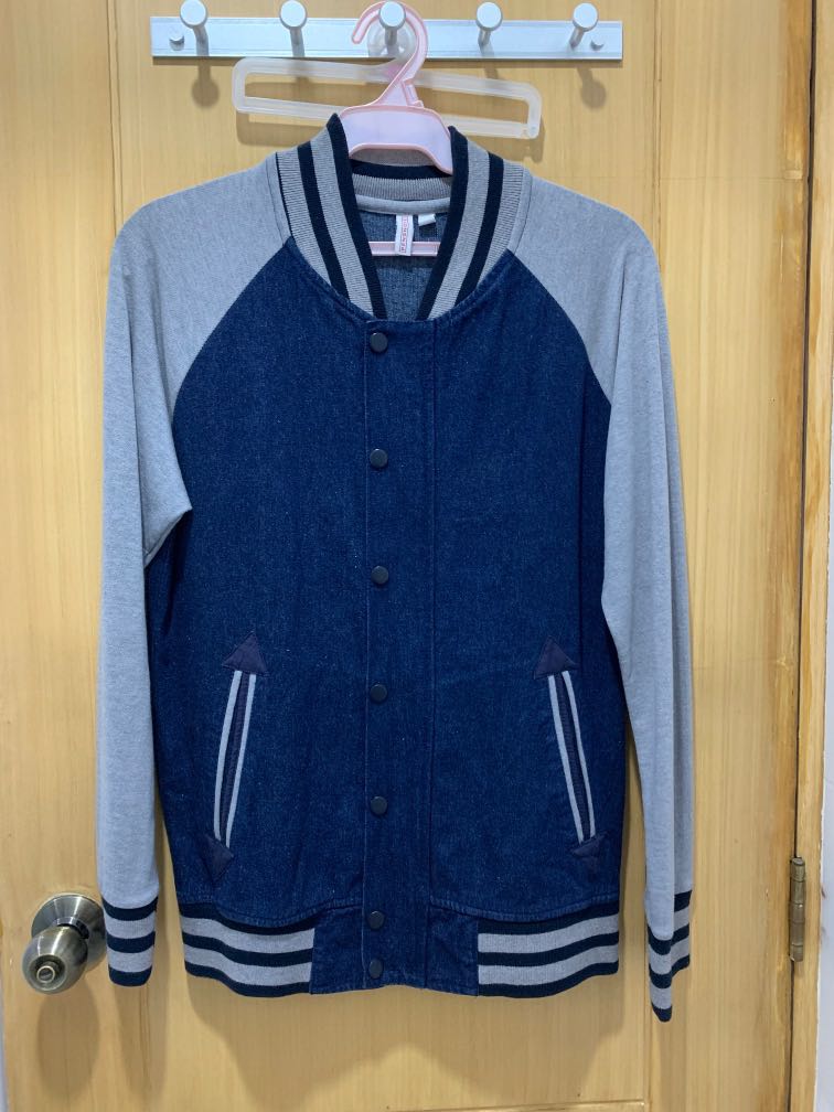 Penshoppe Denim Varsity Jacket bench human folded and hung, Men's ...