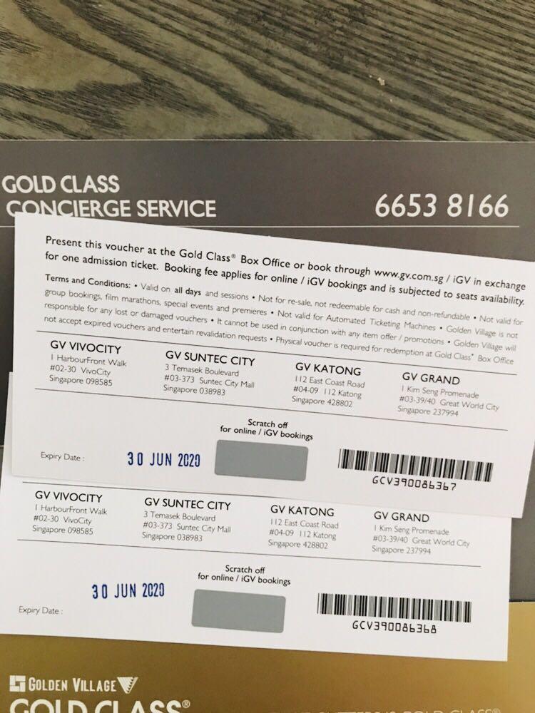 GV gold class ticket x 2, Tickets & Vouchers, Vouchers on Carousell