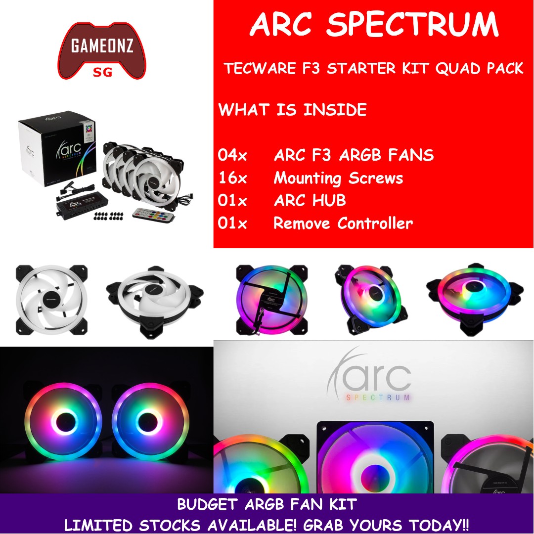 Tecware Arc F3 Starter Quad Pack Addressable 120mm RGB Fan 12cm Cooling ...