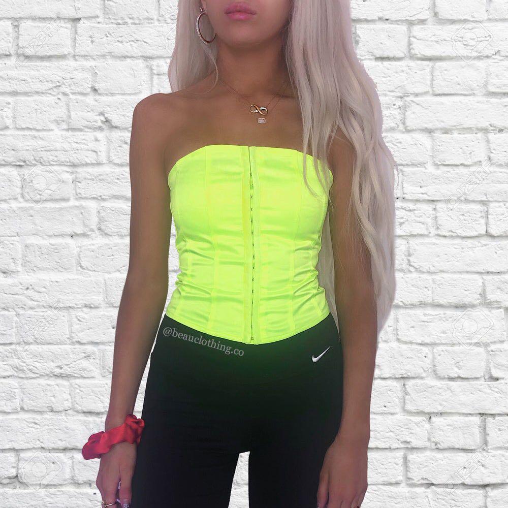 Satin Neon Yellow Lace Up Corset Top, Women's Fashion, Tops, Sleeveless ...