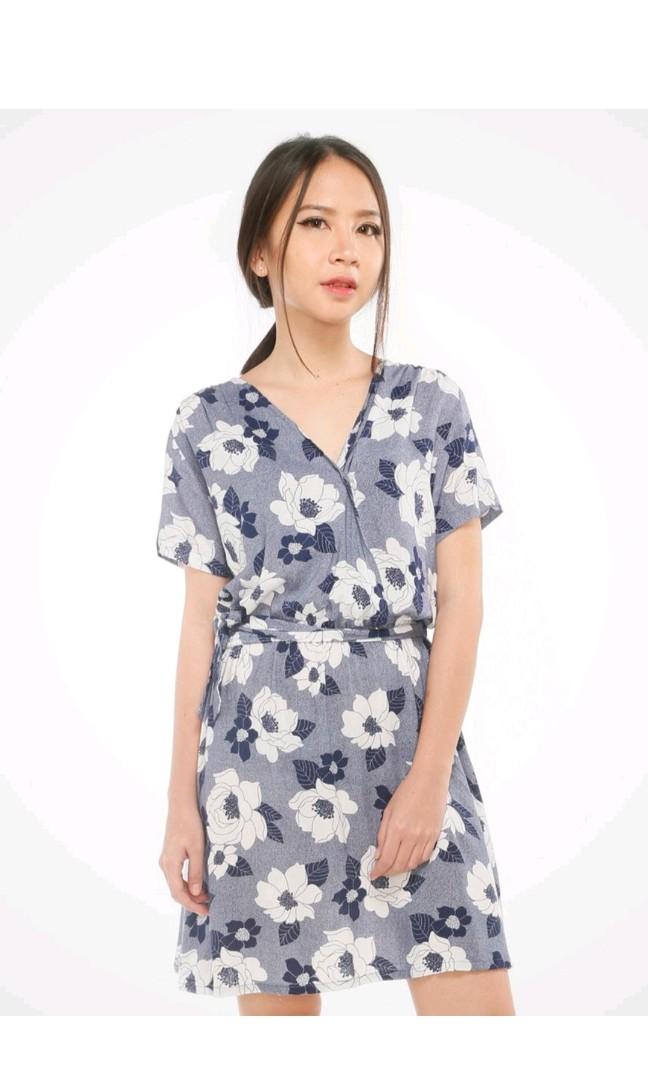 Flower Blue Midi Dress Kimono Bunga, Fesyen Wanita, Pakaian Wanita ...