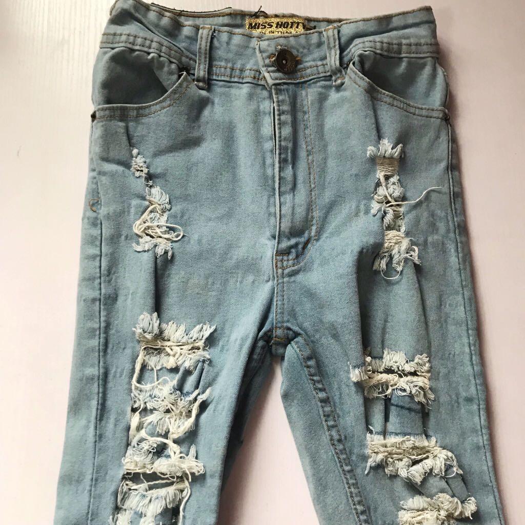 Super Slim Fit Tattered / Ripped Light Denim, Women's Fashion, Bottoms ...