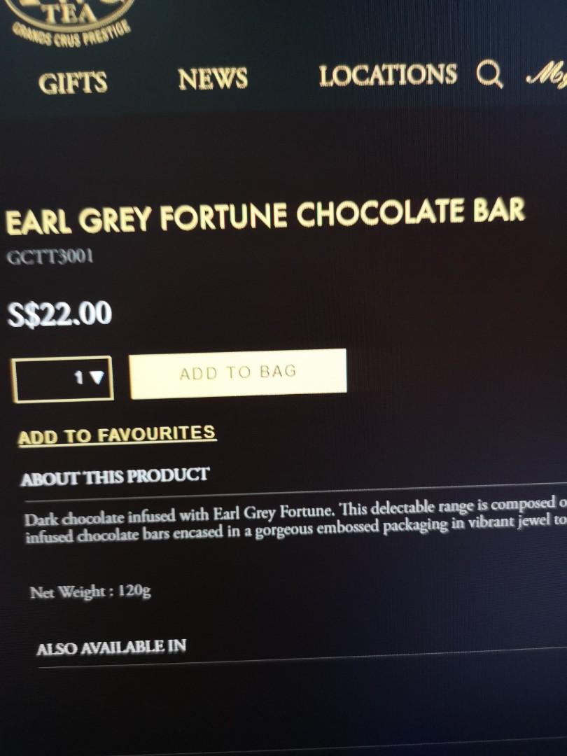 Earl grey fortune chocolate bar TWG, Food & Drinks, Packaged & Instant ...