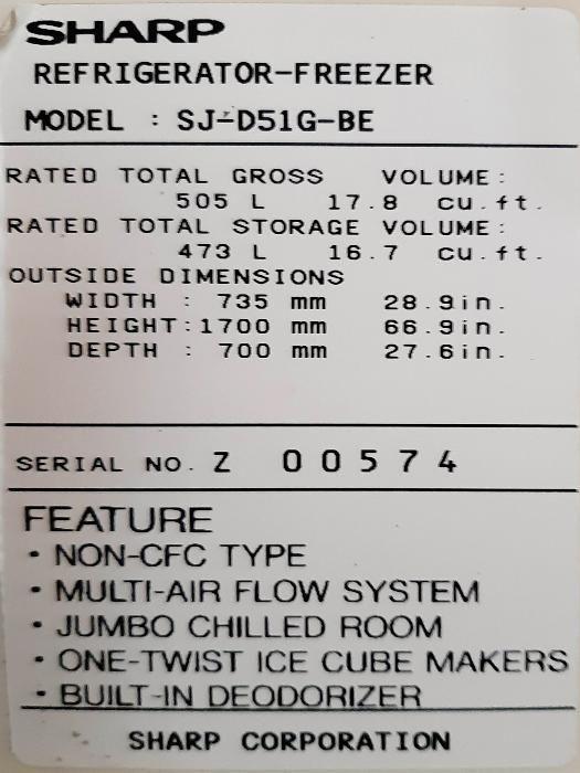 SHARP Ref 18 Cu Ft No -Frost NON-CFC Refrigerator Freezer SJ D51G BE ...