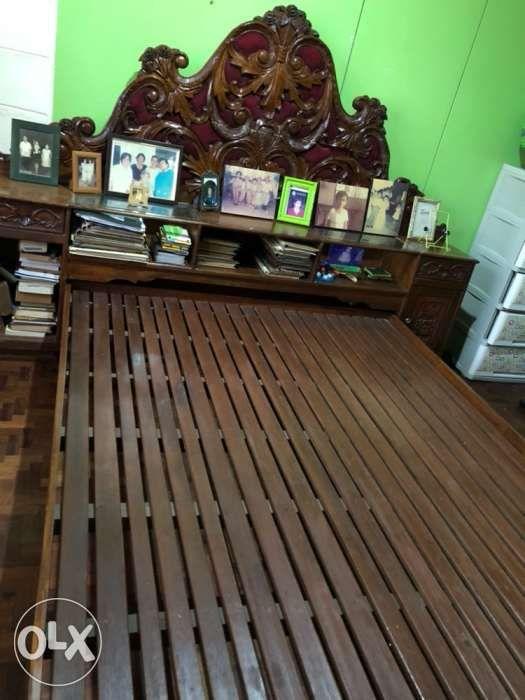 queen size narra bed frame with head cabinet free delivery, Furniture ...