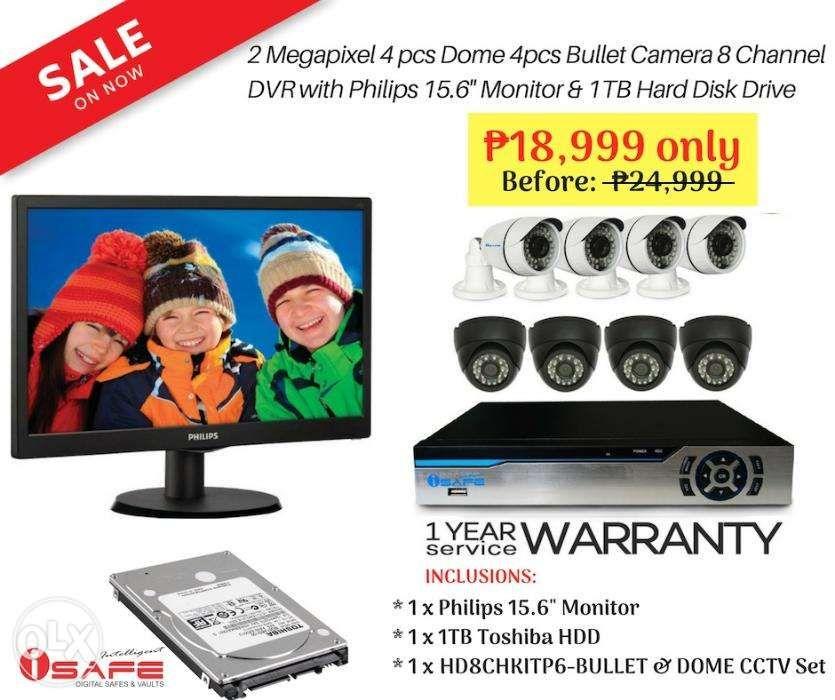 CCTV 4 Bullet 4 Dome Camera 8 Channel AHD XVR Philips Monitor and HDD ...