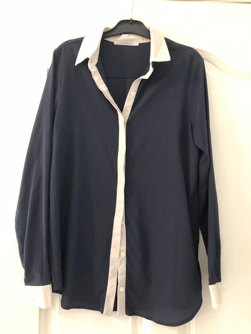 Navy Blue Blouse, Women's Fashion, Tops, Blouses on Carousell