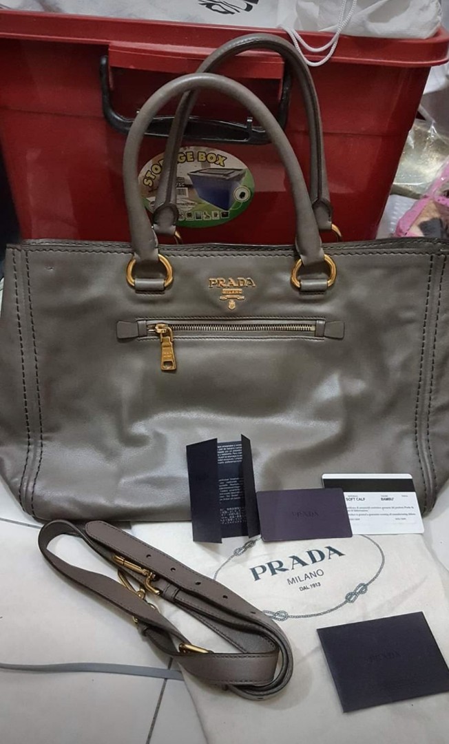 Authentic PRADA Vitello Daino Stone Grey Leather Bag, Luxury, Bags & Wallets on Carousell