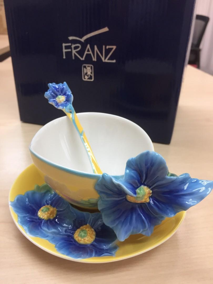 Franz Porcelain Blue Poppy Cup, Saucer, And Spoon Set, Furniture & Home ...