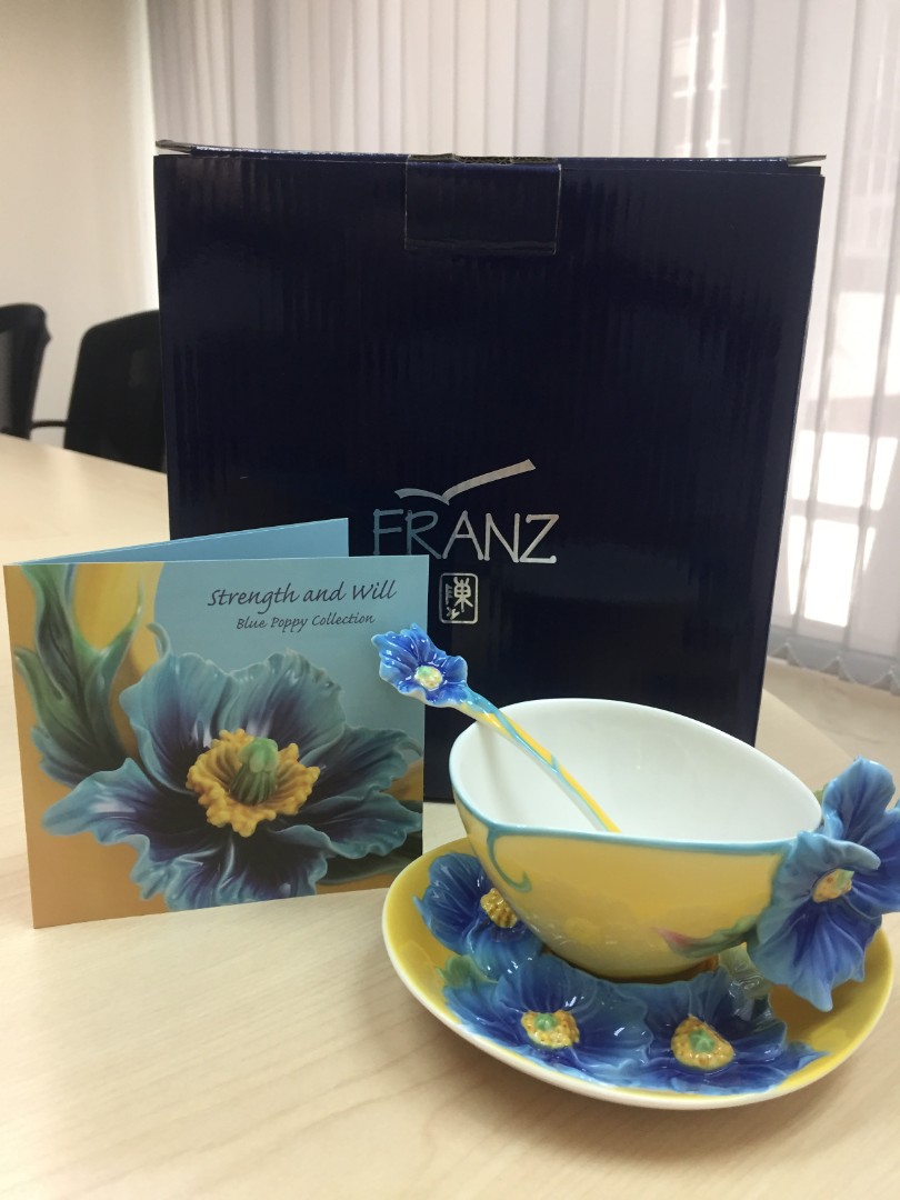 Franz Porcelain Blue Poppy Cup, Saucer, And Spoon Set, Furniture & Home ...
