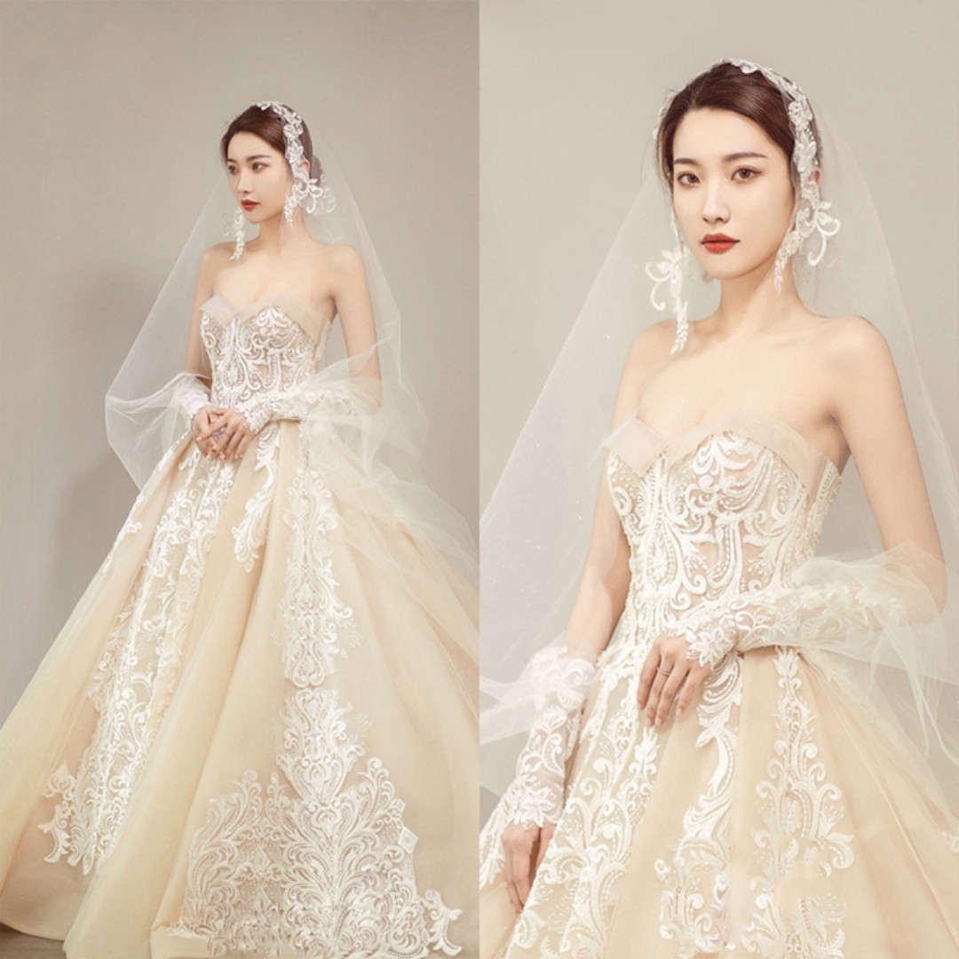 pre order cream fishtail wedding bridal dress gown + free veil RB1188, Women's Fashion, Dresses ...