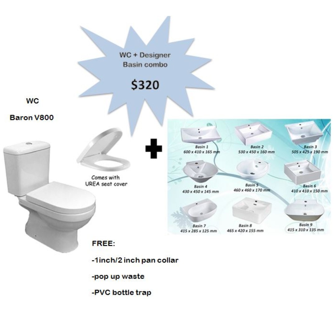 Bathroom Toilet Bowl Baron V 800 WC + Designer Basin Combo Package, Furniture & Home Living ...