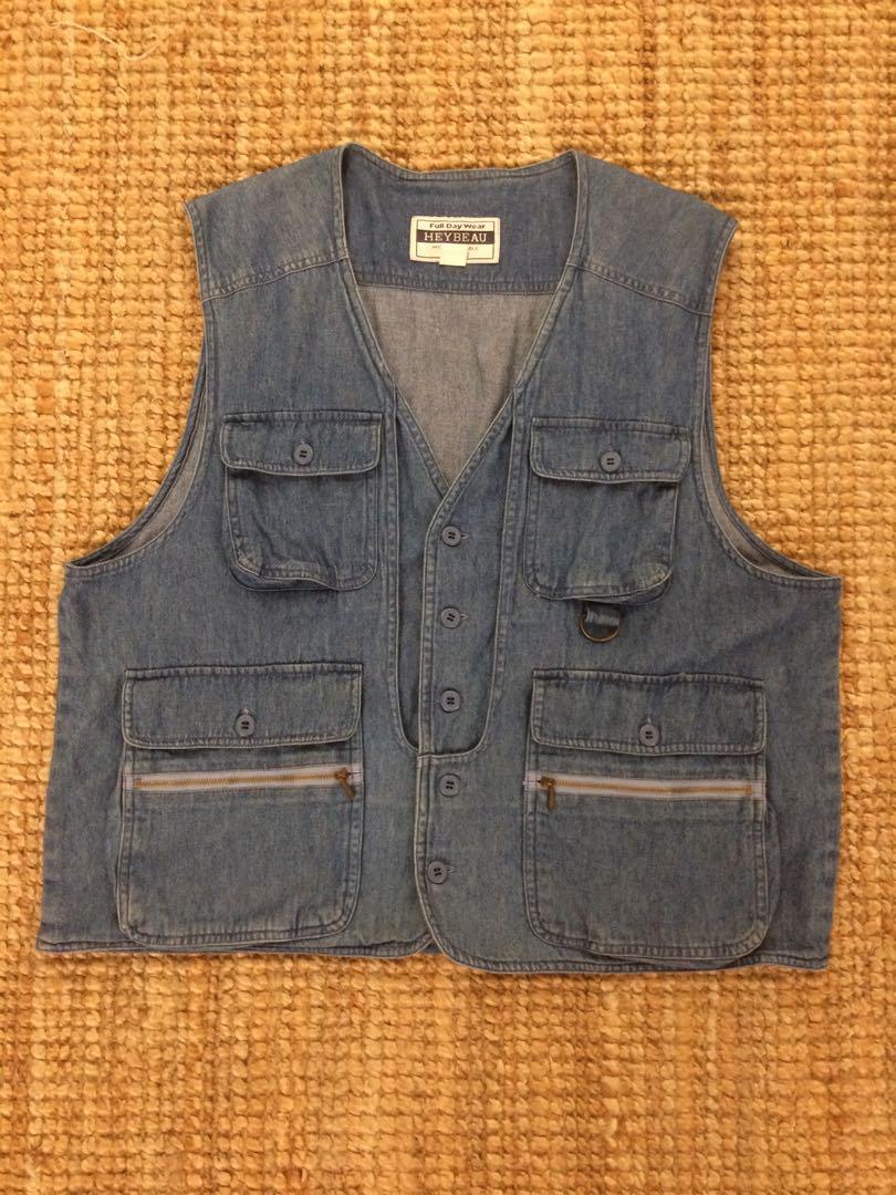 Vintage HEYBEAU utility/work denim vest, Men's Fashion, Coats, Jackets and Outerwear on Carousell