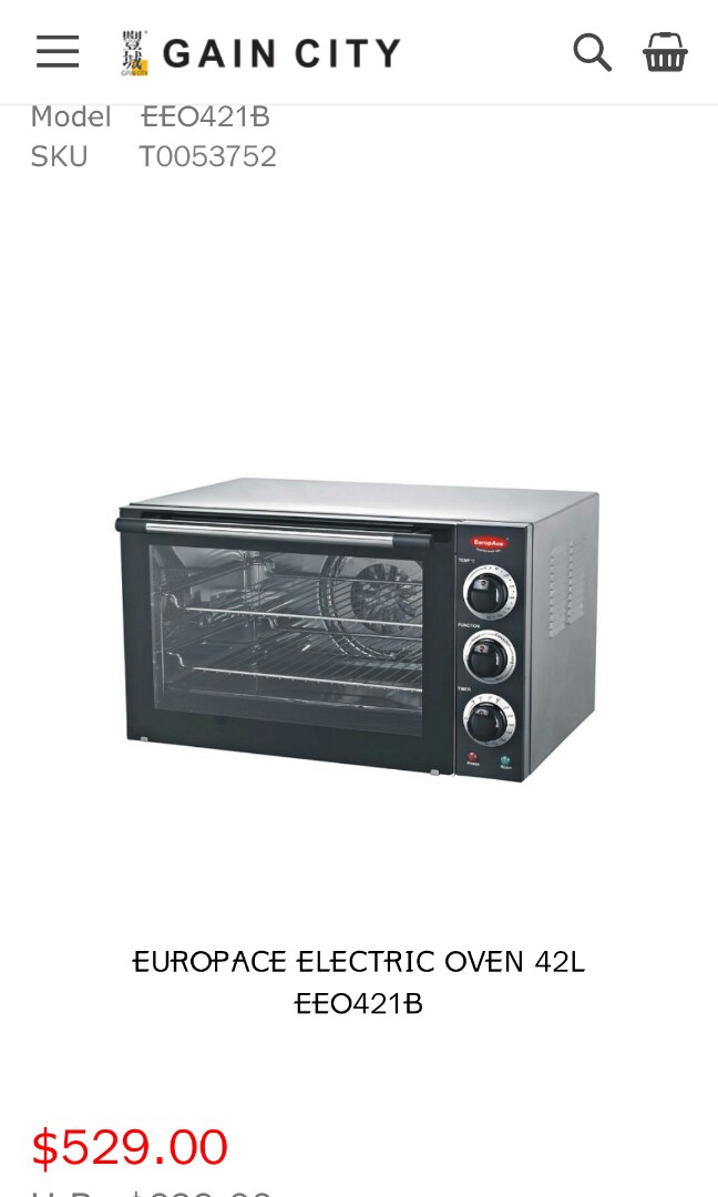EUROPACE ELECTRIC OVEN 42L EEO421B, TV & Home Appliances, Kitchen ...