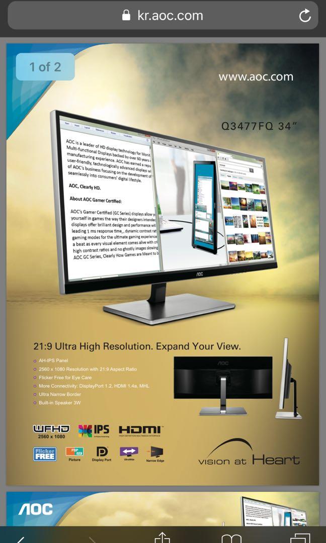 AOC q3477fq 34’inch ultrawide monitor, Computers & Tech, Parts ...