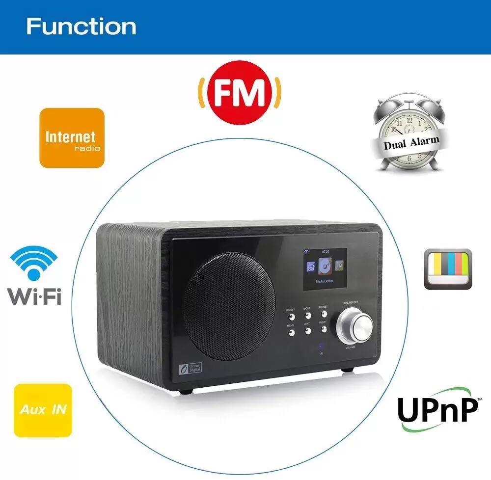 Ocean Digital Wi-Fi Internet Radio WR60 WLAN Wireless Wooden Desktop Alarm Clock Color Display ...