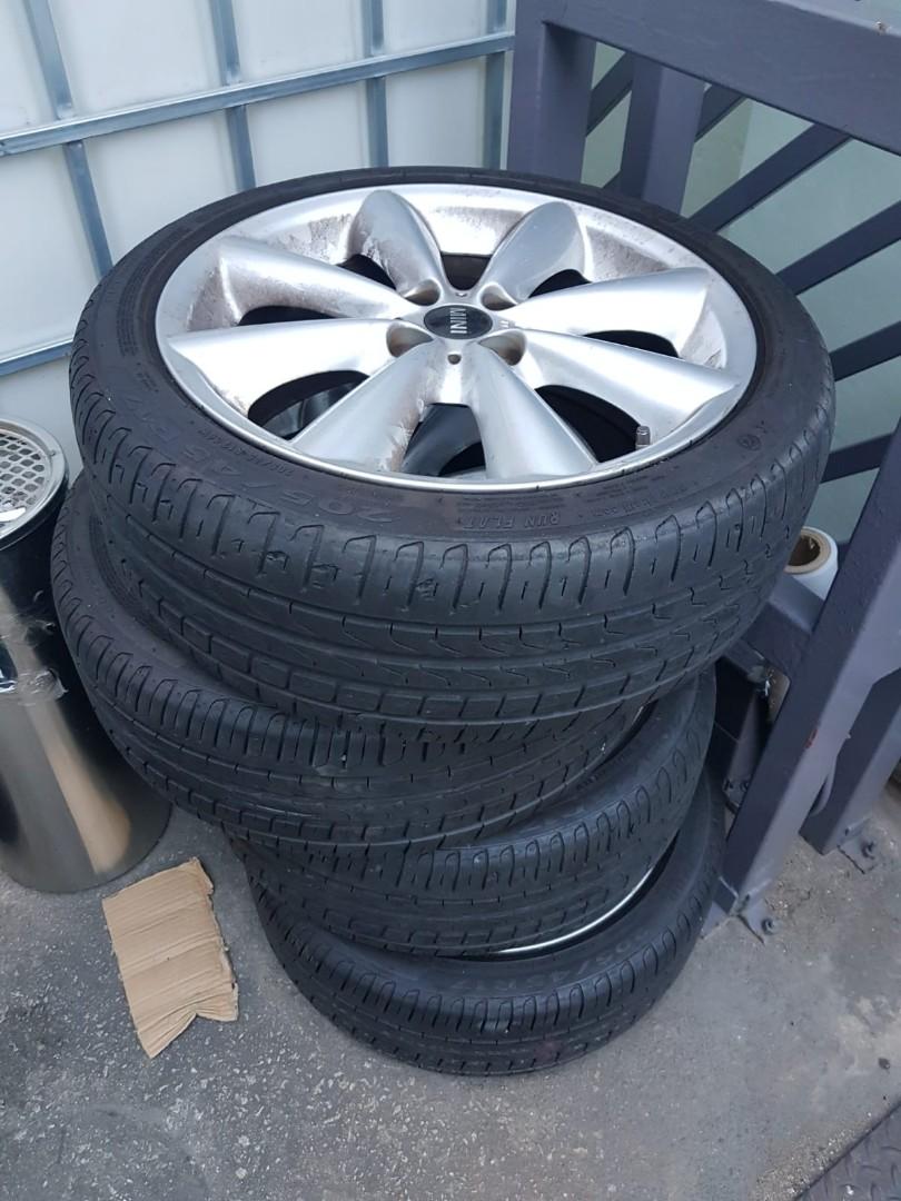MINI Cooper S R56 stock 17" rims with old tyres, Car Accessories, Tyres ...