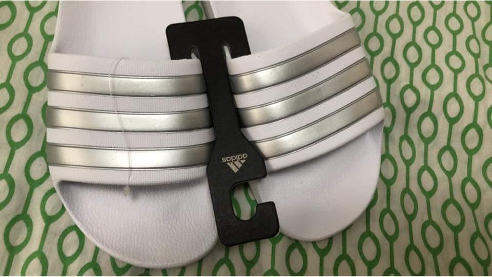 Adidas white silver slides, Women's Fashion, Footwear, Flats & Sandals ...