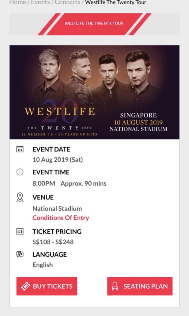 Westlife " The Twenty Tour" ticket, Tickets & Vouchers, Event Tickets ...