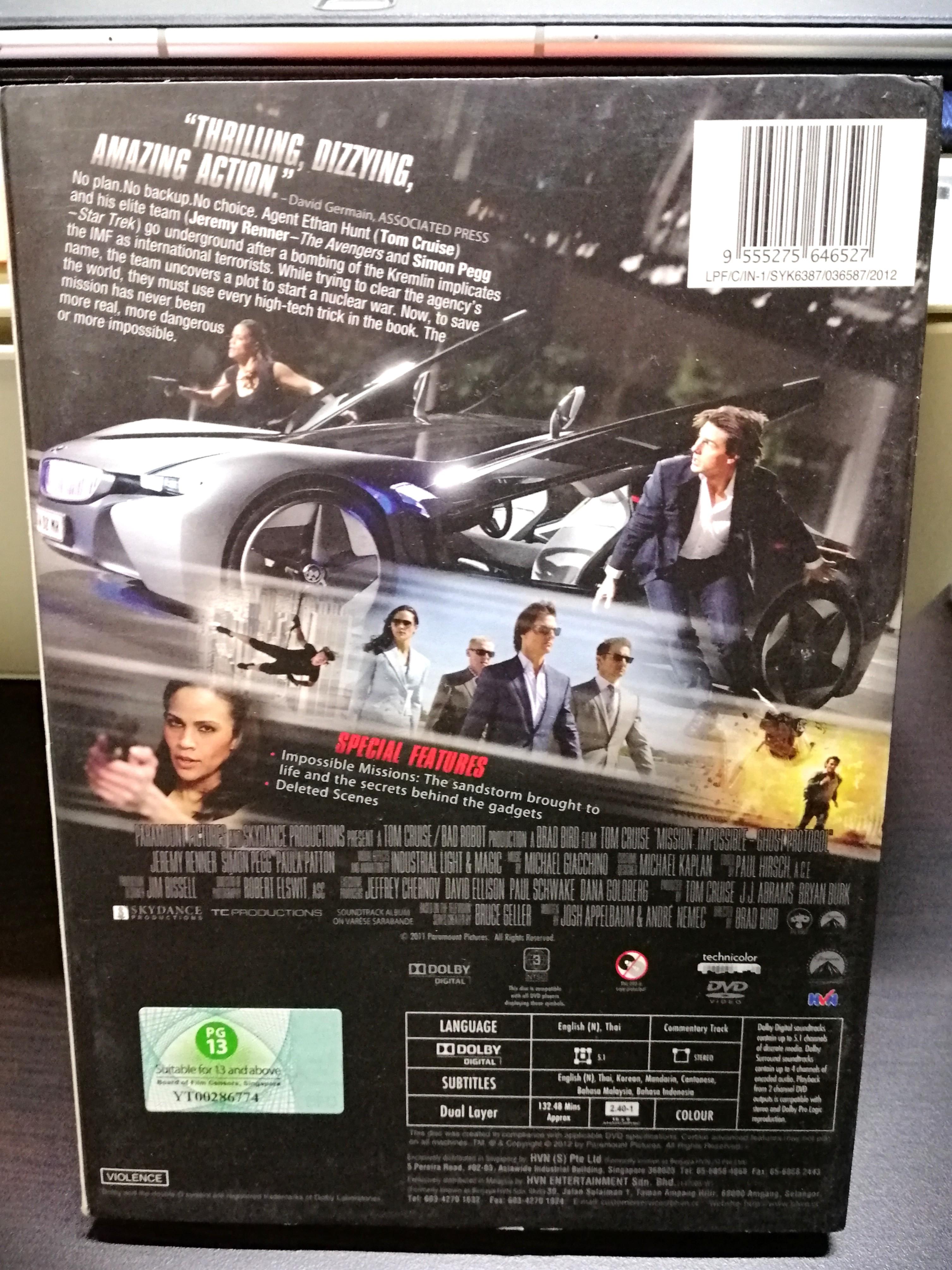 Mission Impossible Ghost Protocol DVD Tom Cruise, Hobbies & Toys, Music ...
