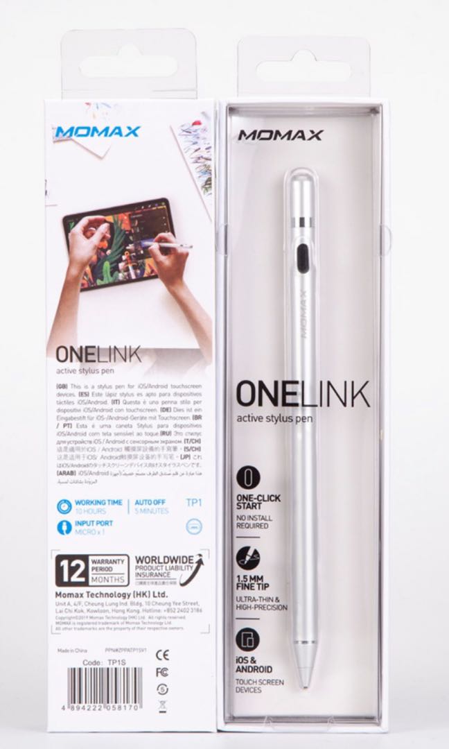 Momax TP1 ONE LINK 主動式電容觸控筆（iOS & Android 全適用）, 手提電話, 電話及其他裝置配件, 充電器及電線 - Carousell