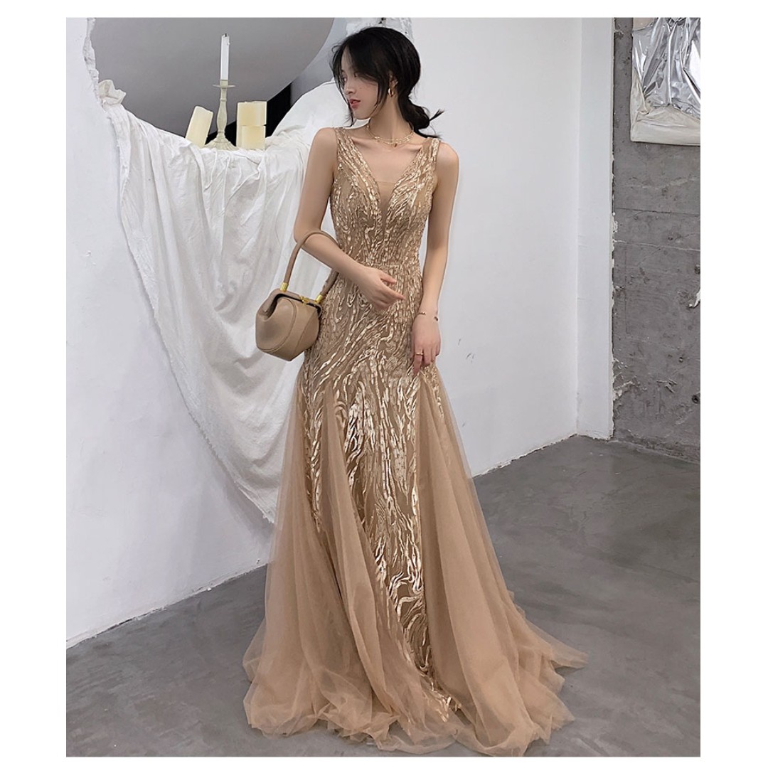 Pre order nude diamond mermaid wedding prom evening dress gown RBP1100, Women's Fashion, Dresses ...