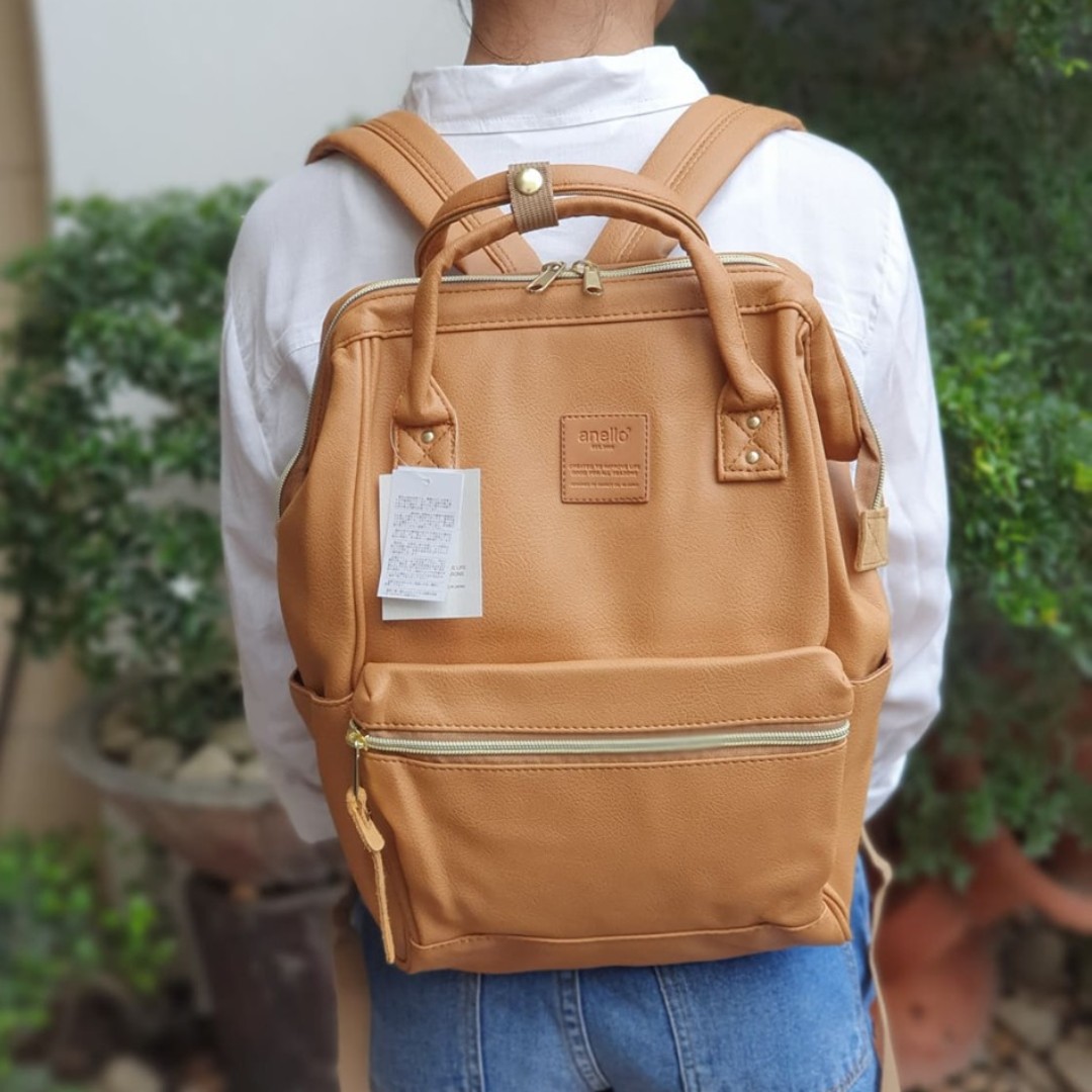 Anello PU Mini Leather Backpack Rucksack - Tan, Women's Fashion, Bags ...