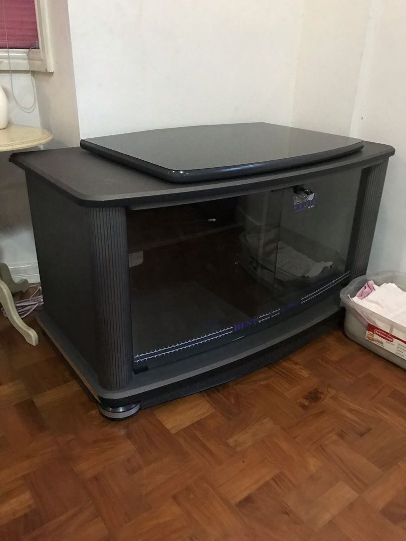 Tv table stand w/ wheels, rotating glass top & tempered glass doors ...